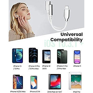 Headphone Adapter for iPhone [Apple MFi Certified], 2 in 1 Lightning to 3.5mm AUX Audio + Charger Splitter Adapter Dongle for iPhone Accessories Compatible with iPhone 14/13/12/11/XS/XR/X/8/7