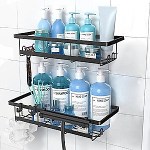 Mycuppca Shower Caddy, 2 Pack Adhesive Bathroom Shower Organizer, Black Shower Shelves with Hooks Stainless Shower Rack for Inside Shower No Drilling Wall Mounted Shower Storage Shower Shampoo Holder