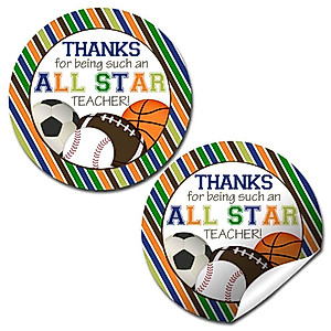 All Star Teacher Sports Themed Teacher Appreciation Thank You Sticker Labels, 40 2" Party Circle Stickers by AmandaCreation, Great for Envelope Seals & Gift Bags