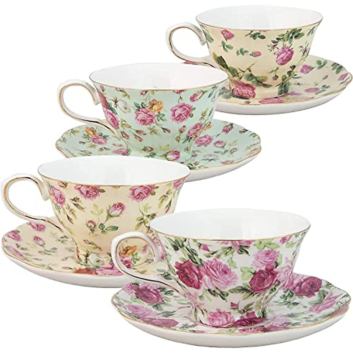 Gracie China by Coastline Imports Rose Chintz 8-Ounce Porcelain Tea Cup and Saucer, Set of 4