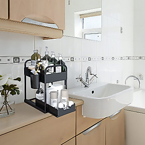 Under Sink Organizers and Storage with Sliding Drawer, 2-Tier Multi-purpose Under Bathroom Storage Rack, Pull-out Under Cabinet Organizer Baskets with Hooks/Hanging Cup/Dividers, 2 Pack…