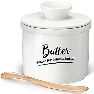 Butter Crock Butter Keeper with Knife and Perfect Silicone Seal French Butter Dish with Lid for Countertop, No More Hard Butter Good Kitchen Gift, White