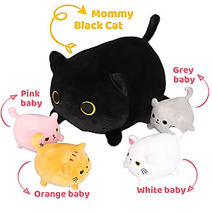 Cat Stuffed Animals, Cute Black Cat Plush Mommy with 4 Kitty Plushies Inside Tummy, 5Pcs Soft Cat Plush Pillow Toys, Gift Present Animal Pillows for Kids Girls Boys