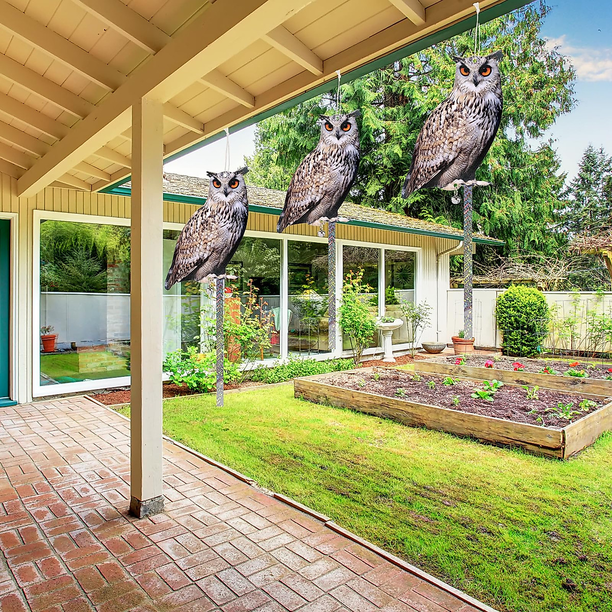 kungfu Mall Owl to Keep Birds Away, 3 Pack Bird Scare Owl Fake Owl, Reflective Hanging Bird Decoration, Effective Bird Control Device to Keep Birds Pigeon Woodpecker Away from Patio Garden