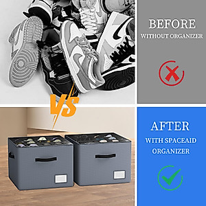 2 Pack Shoe Organizer for Closet, Fits 32 Pairs, Large Shoe Box Storage Containers, Clear Foldable Shoe Storage Bins w/Bottom Support, Space Saving Shoes Holder (Grey)