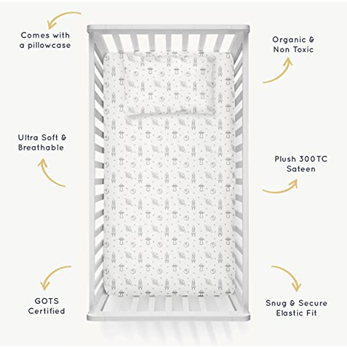 Makemake Organics Organic Crib Sheet GOTS Certified Organic Cotton Crib Sheet Fitted & Pillowcase Buttery Soft Breathable Natural Dyes Baby Toddler Bed Sheet Set (Astronaut Blue)