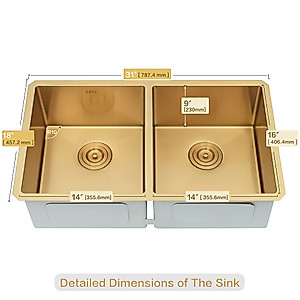 LQS Undermount Kitchen Sink Double Bowl 31 Inch Gold Colour, Stainless Steel Double Bowl Kitchen Sink, Double Bowl Kitchen Sinks with Accessories