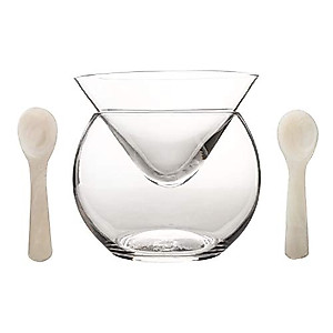 DUEBEL Glass Caviar Chiller Server Set Plus 2 pcs. x Mother of Pearl Caviar Spoon 3.15" – Universal Martini, Wine, Liquor Cocktail Chiller