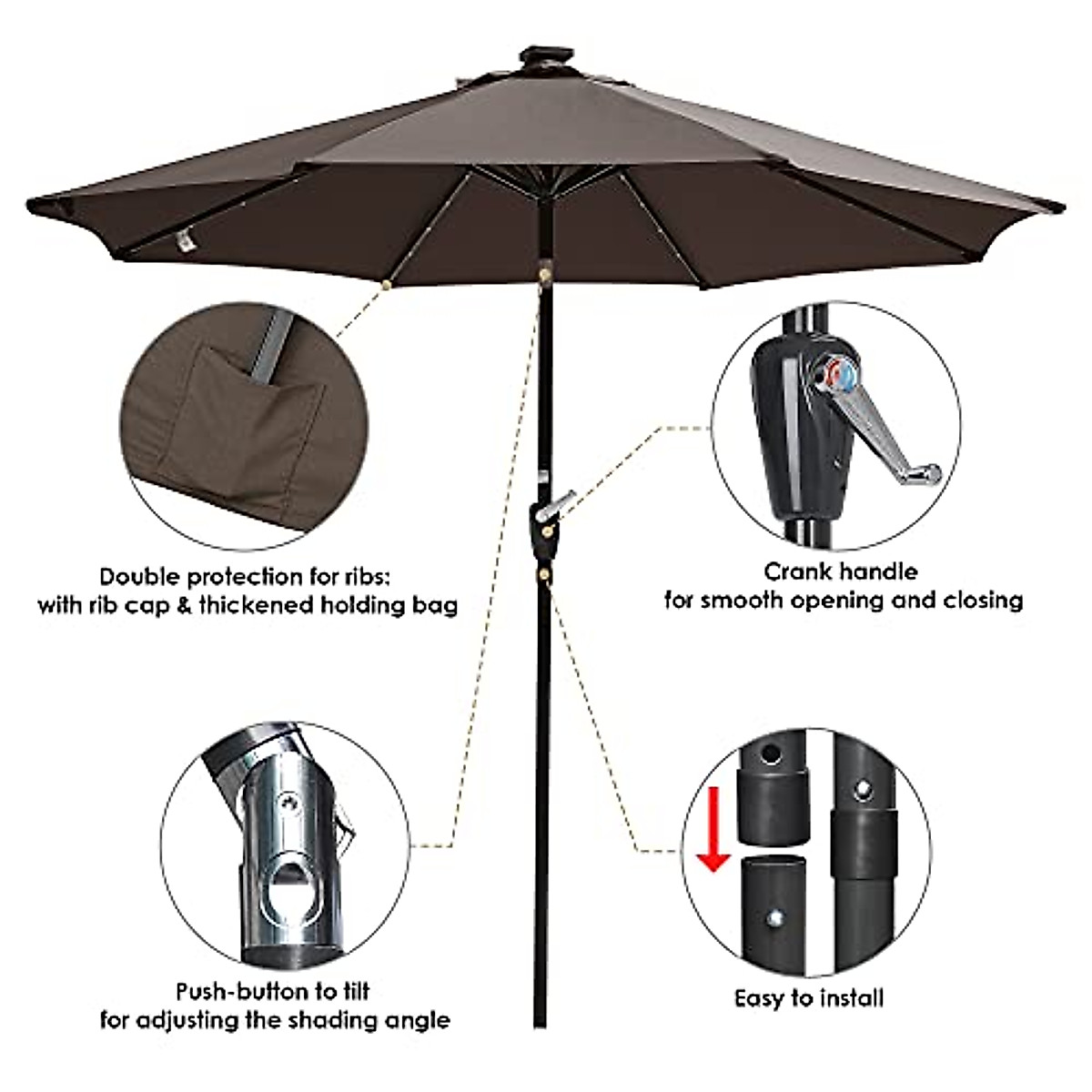 Yescom 9' Outdoor Solar Powered LED Umbrella 8 Ribs w/ 32 Lights for Patio Garden Deck Crank Tilt UV30 Chocolate