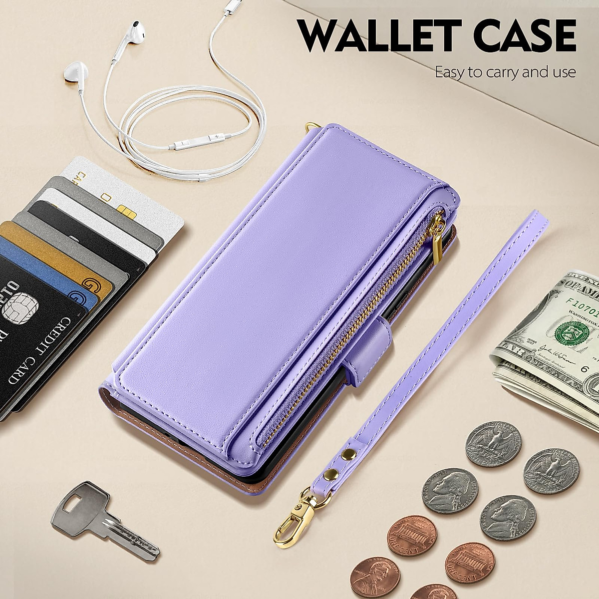 Antsturdy Compatible with Samsung Galaxy S23+/S23 Plus case Wallet with Card Holder for Women Men Phone case RFID Blocking PU Leather Flip Cover with Strap Zipper Credit Card Slots,Light Purple
