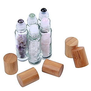 Constore 5 PCS 10ML Gemstone Roller Bottles,Refillable Roll On Bottles with Bamboo Lids Healing Crystal Chips Inside for Perfumes Aromatherapy Oils