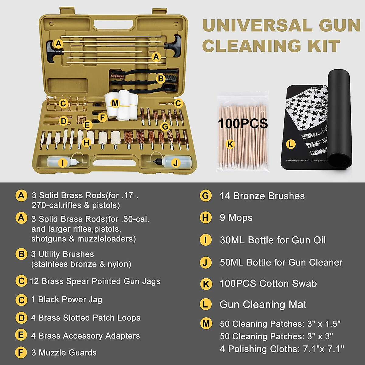 iunio Universal Gun Cleaning Kit, with Mat and Case, Full Brass Jags, Rods and Adapters, for All Guns, Rifle, Shotgun, Handgun, Pistol, Hunting, Shooting, All Caliber