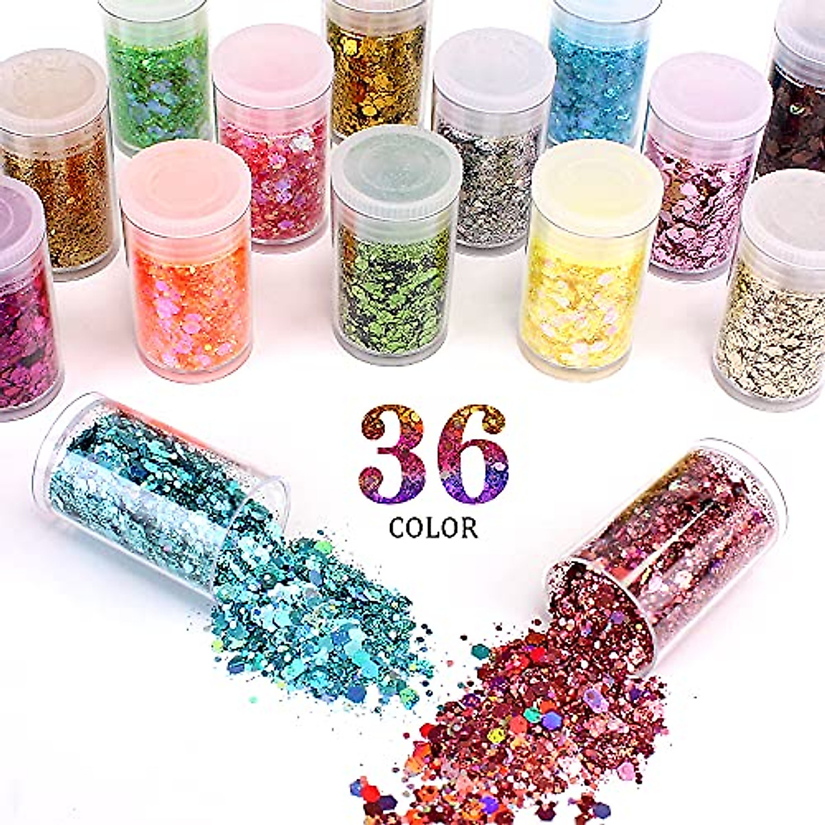 Chunky and Fine Glitter Mix, Estanoite 36 Colors Chunky Sequins & Fine Glitter Powder Mix, Iridescent Glitter Flakes, Cosmetic Makeup Glitter for Face Body Eye Nail Art, Loose Glitter for Resin Epoxy