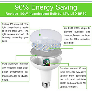 BR30 Led Flood Light Bulbs, 12W(100W Equivalent), 3000K Warm White, 1200 Lumens, Dimmable R30 LED Bulb, E26 Base Recessed Can Light Bulb, (4 Pack)