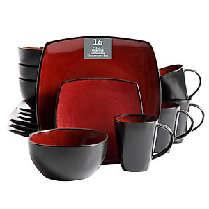 Gibson Soho Lounge 16-Piece Square Reactive Glaze Dinnerware Set, Red