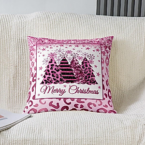 Pink Christmas Trees Throw Pillow Covers 24x24 Inch Set of 2 Leopard Print Glitter Stars Pillow Cases for Kids Teens Adults Winter Snowflake Decor Girly Cushion Covers for Bedroom Sofa RV