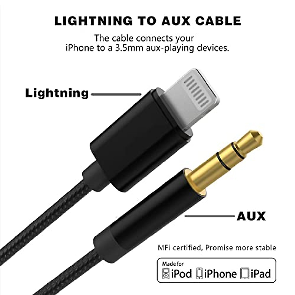 Aux Cord for iPhone,[Apple MFi Certified] Lightning to 3.5mm AUX Cable for Car Stereo, Headphone, Auxiliary Cable Compatible with iPhone 14 13 12 11 XS XR X 8 7 6 Nylon Braid Black 3.3FT