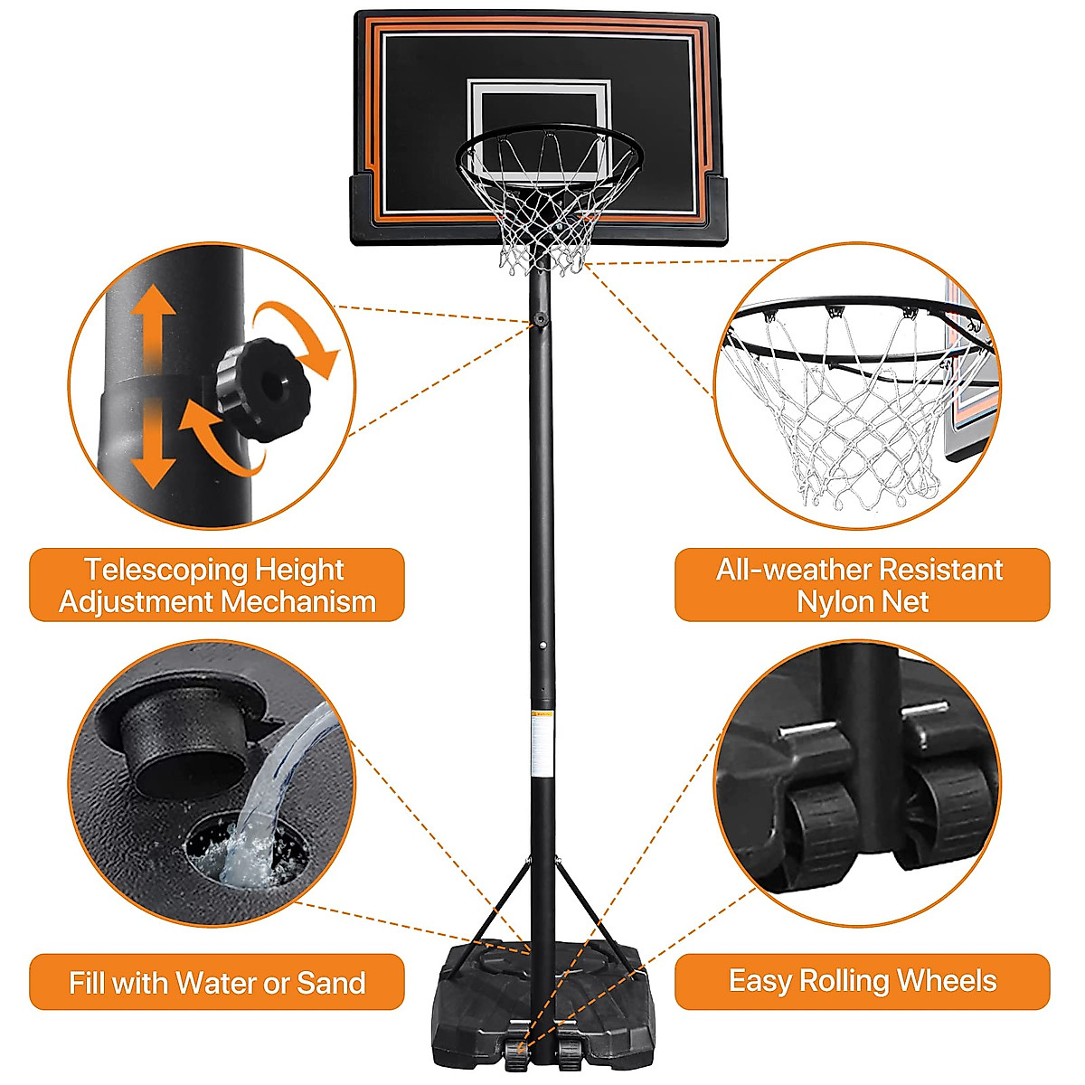 Basketball Hoop 7-10FT Height Adjustable Basketball Backboard 44" Portable Backboard Outdoor Indoor Free Standing Basketball Stand with Stand and Wheels Basketball Stand for Kids Teenagers Adults
