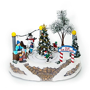 innodept12 Winter LED-Lighted Christmas Village Scene, Illuminated & Animated Lighted Musical Christmas Village with Center Tree and Moving Ice Skating Rink Decoration, Battery Operated