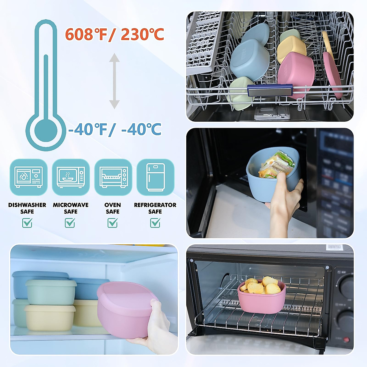 Anatole Silicone Food Storage Containers Set of 3 Lunch Box Bento with Lids BPA Free Dishwasher Microwave Oven Freezer Safe (6.7oz, 10oz, 20oz) Green