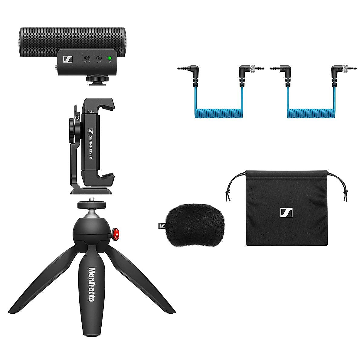SENNHEISER Professional MKE 400 + Mobile Kit, Directional On-Camera Microphone with Smartphone Clamp & Manfrotto PIXI Mini Tripod, 509257, Auxiliary,Black