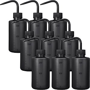 9 Pcs 250 ml Tattoo Wash Bottle Water Squirt Bottle Lab Squeeze Bottles Lash Water Bottle with Narrow Mouth Scale Labels Safety Rinse Bottle for Eyelash Extensions, Succulent Watering (Black)