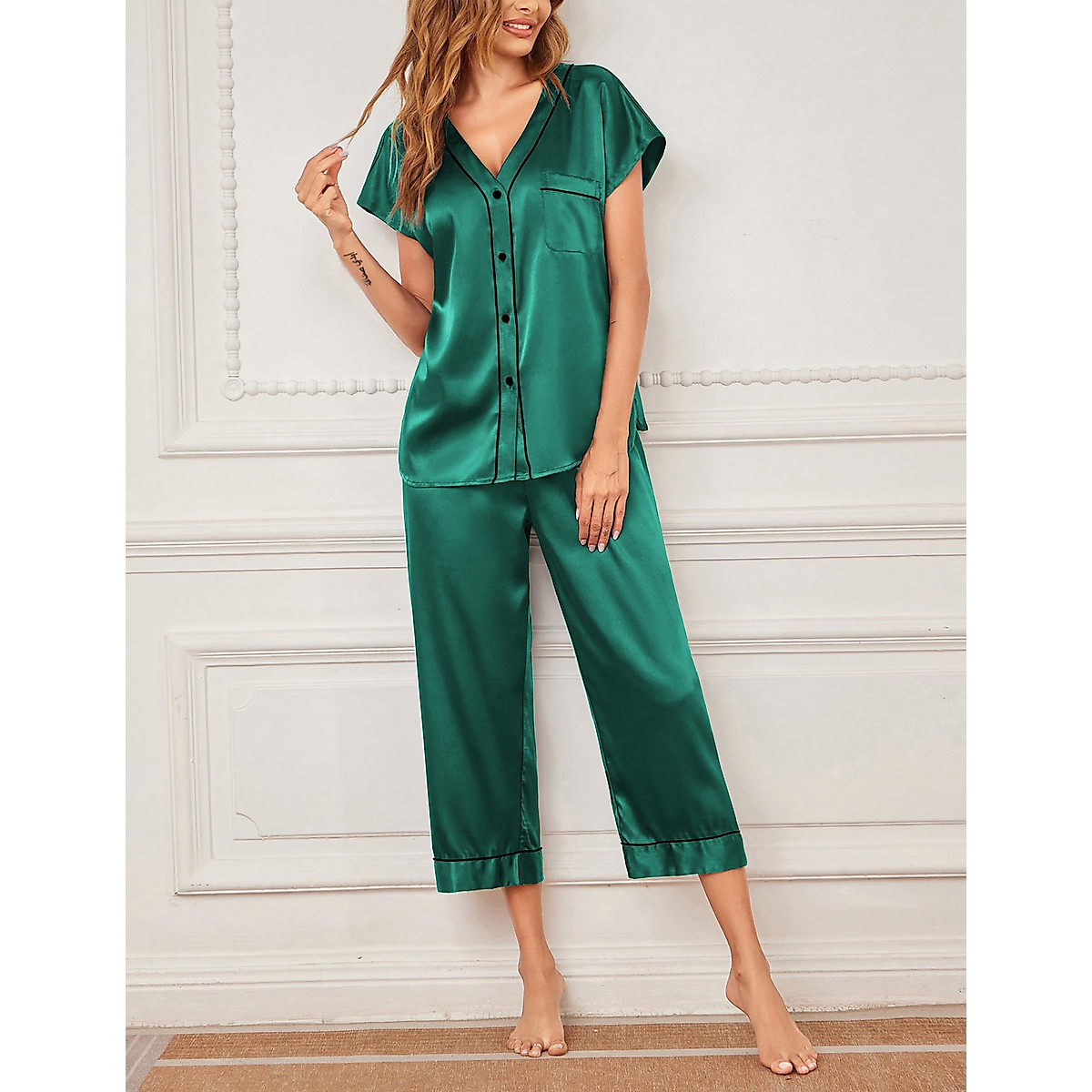 Ekouaer Satin Pajama Set Womens Short Sleeve V Neck Silky Shirt with Capri Pants Button Down PJs Soft Silky Loungewear Dark Green M