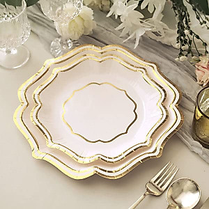 Tableclothsfactory 25 Pack | White/Gold 8" Scallop Rim Dessert Party Paper Plates, Disposable Appetizer Salad Plates - 300 GSM