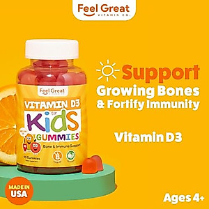 Feel Great Kids Vitamin D3 1000 IU Gummies | Kids Vitamin D Gummies for Healthy Bones, Mood, & Immune Support | Citrus Flavored Vegetarian D3 Gummies | 90 Day Supply