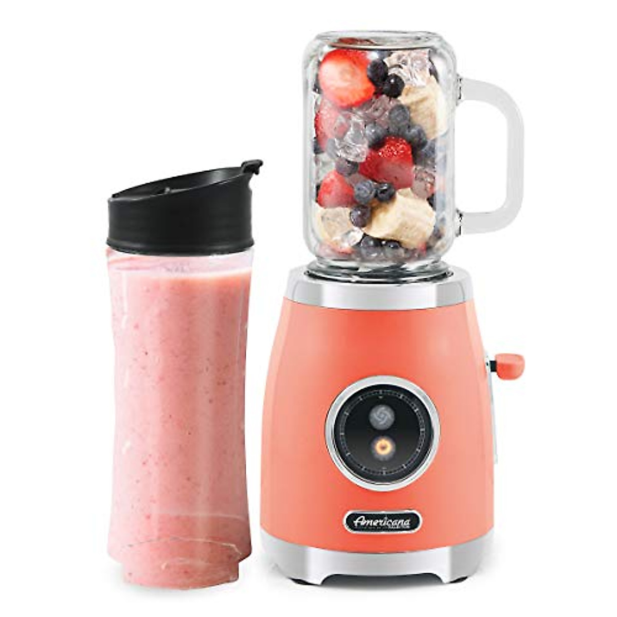 Americana EPB399C BPA Free Glass Blending Jar and Tritan Sports Bottle Blend Personal Smoothie, Crush Ice, Shakes, Keto Protein Blender, 2 Cups, 300 Watts, Coral