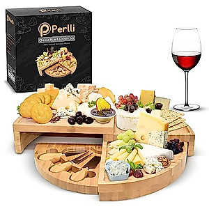 PERLLI Bamboo Cheese Board & Knife Set, Large Folding 18 Inch Round Wood Rotating Charcuterie Board Set Cheese Meat Wine Serving Tray Platter, Home Decor Holiday Gift Set