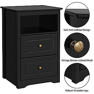 Yaheetech Nightstand Set of 2, Wooden Bedside Tables with 2 Drawer and Cubby, 2Pcs Tall Nightstand for Bedroom Small Space, Bedside Cabinet Telephone Table, 19″ L × 16″ W × 29″ H, Black
