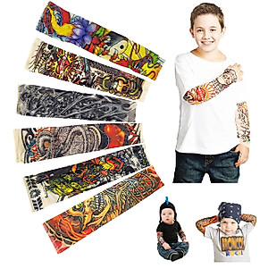 iToolai Temporary Tattoo Sleeves for Kids, Fake Slip On Arm Sunscreen Sleeves, 6pcs - Eagle,Skull,Dragon,Clown, Snake,etc