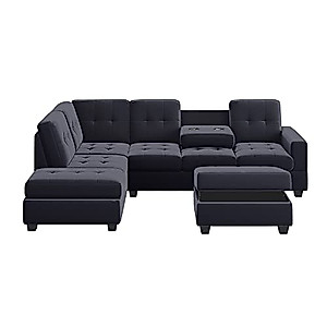 FANYE L-Shaped Oversized Corner Reversible Sectional Sofa Couch W/Chaise & Storage Ottoman,Modern 6 Seaters Velvet Upholstery Sofa&Couch with Cupholders for Home Office Apartment Living Room