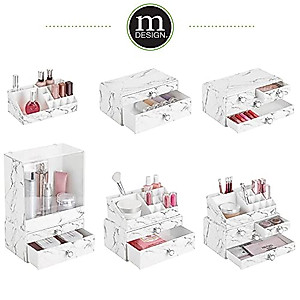 mDesign Decorative Stackable Plastic Makeup Organizers for Bathroom Vanity, Countertop, Cabinet - Easy-Access Cosmetic Storage, 2 Drawer Unit and Tall Bin Box with Lid - Set of 2 - Marble