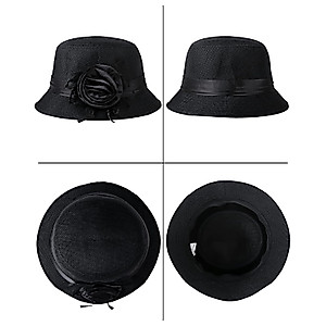 CROWN GUIDE 1920s Gatsby Church Cloche Derby Hats for Women Ladies Bow Bucket Wedding Bowler Hats Tea Party Black