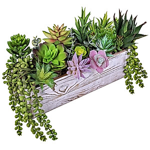 19 Pcs Assorted Artificial Succulents Fake Plants in Rectangular Wooden Pot Succulents Garden in Wood Planter Box Potted Succulents Plants Arrangement for Table Centerpiece Windowsill Greenery Decor