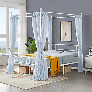 Yaheetech Metal Canopy Platform Bed Frame Four-Poster Canopied Bed Mattress Foundation with Headboard and Footboard Sturdy Slatted Structure No Box Spring Needed Easy Assembly Full White