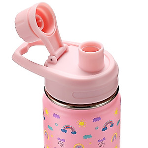 WEREWOLVES 14 oz Kids Water Bottle with Leakproof Spout Lid, Paracord Handle & Boot, Insulated Wide Mouth Stainless Steel, Reusable Double Walled Vacuum Bottle for Girls, Boys, Pink Rainbow