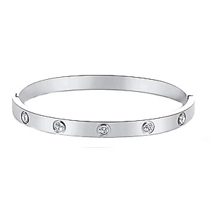 VPKJewelry Stainless Steel Present for Girls Womens Teen Jewelry Oval Bracelet Bangle Birthday gifts Silver White Yellow Gold Plated Cubic-Zircon stones free red nice box (White, 7.50)