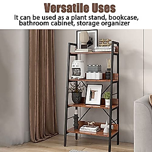 Ladder Shelf 4-Tier Bookshelf Plant Stand Kitchen Storage Rack Industrial Display Leaning Bookcase with Steel Frame Modern Wood Organizer Shelves Metal Furniture Home for Living Room Bedroom Office