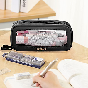 EMUFOOK Clear Pencil Case Aesthetic Large Capacity Pencil Pouch With Zipper Simple Stationary Pencil Bag Transparent Pen Case for School Teen Girl Boy Multi-Purpose Bag for Office Men Women, Black