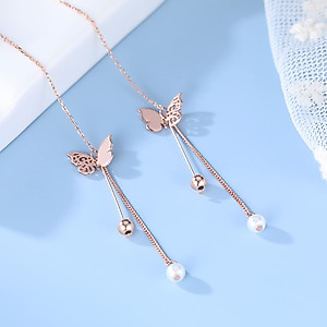 SLUYNZ Sterling Silver Butterfly Threader Earrings Dangle Chain for Women Teen Girls Pearl Long Dangle Earrings Tassel (C-Rose Gold)