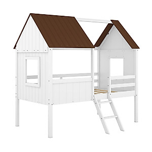 House Bed for Kids,Low Loft Bed Frames Twin Size,Wood Toddler House Bed with Two Side Windows and Roof for Kids/Teens/Girls/Boys,White