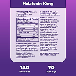 Natrol 10mg Melatonin Gummies, Sleep Support for Adults, Melatonin Supplements for Sleeping, 140 Strawberry-Flavored Gummies, 70 Day Supply
