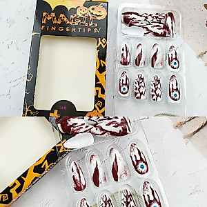 Day of the Dead Press on Nails Medium Length Halloween Fake Nails Almond False Nail with Design Halloween Horror Red Eyeball Artificial Nails Press On Full Cover Nail Tips 24Pcs