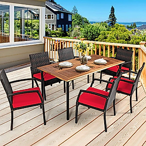 HAPPYGRILL 7 Pieces Patio Dining Set Outdoor Furniture Rattan Wicker Dining Set with Umbrella Hole, Powder Coated Steel Frame, Acacia Wood Dining Table and Armchairs with Removable Cushions
