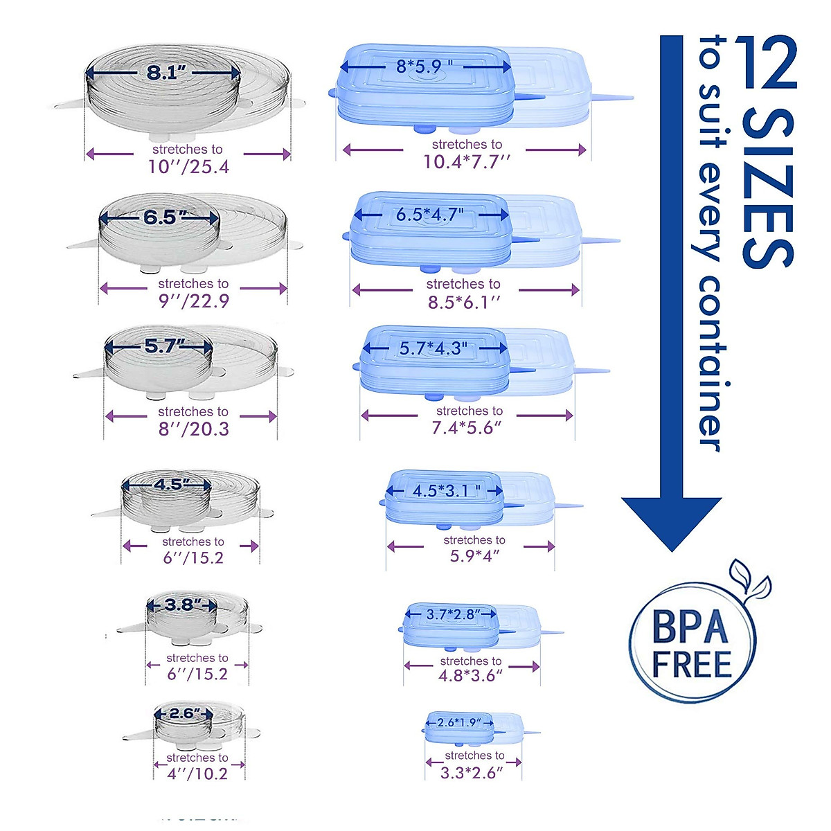 [12pack] Longzon Silicone Stretch Lids 6 Clear Round 6 Blue Rectangle, Magic Lids Reusable Food Covers for Bowls, Cups, Cans, Fit Different Sizes & Shapes of Container, Dishwasher & Freezer Safe