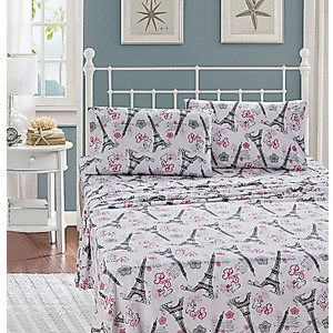 Kids Zone Home Collection Sheet Set Girls/Teens Paris Eiffel Tower Hearts Flowers White Pink Black Pink / White New # Flatscreen Paris (White, Full)
