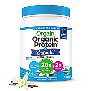 Orgain Organic Vegan Protein Powder + Oat Milk, Vanilla Bean - 20g Plant Based Protein, Gluten Free, Soy Free, Low Sugar, Non GMO, Kosher - 1.05lb